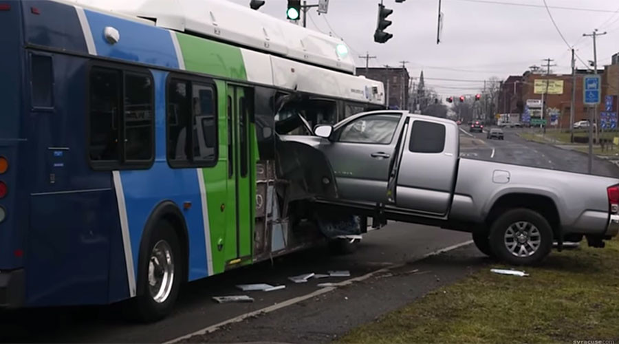 Moment truck violently smashed into bus captured by onboard cameras ...
