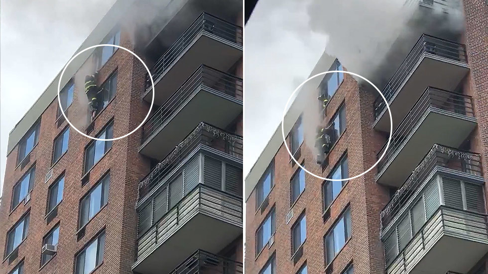 ‘I’m not going to let you fall’: WATCH fearless firefighter rescue ...